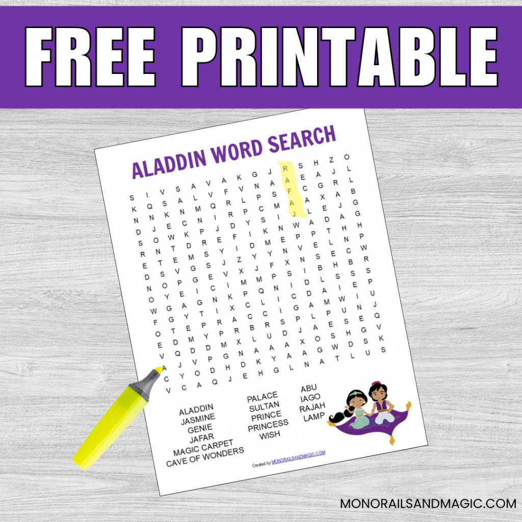 Aladdin Word Search Free Printable - Monorails and Magic
