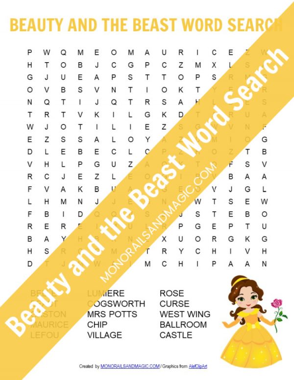 Beauty and the Beast Word Search Free Printable - Monorails and Magic
