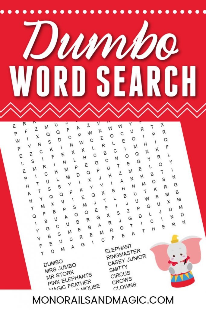 Dumbo Word Search Free Printable for Kids - Monorails and Magic